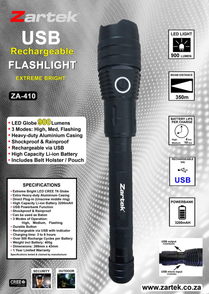 ZARTEK 900 Lumen LED Baton Torch USB Rec - Diy Protect